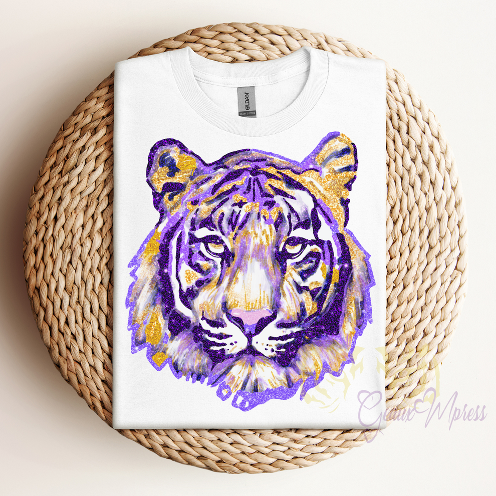 FAUX GLITTER PURPLE AND GOLD SPARKLY WATERCOLOR TIGER – GeauxMpress